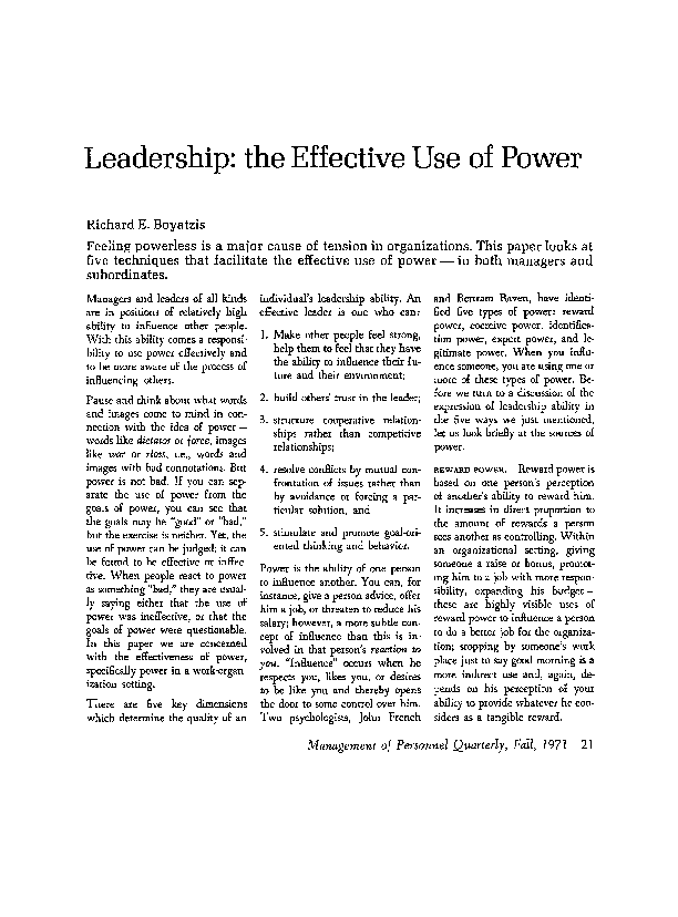 (PDF) Leadership: The effective use of power