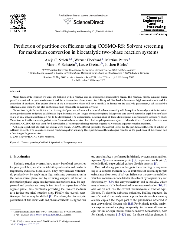 (PDF) Prediction of partition coefficients using COSMO-RS: Solvent screening for maximum ...