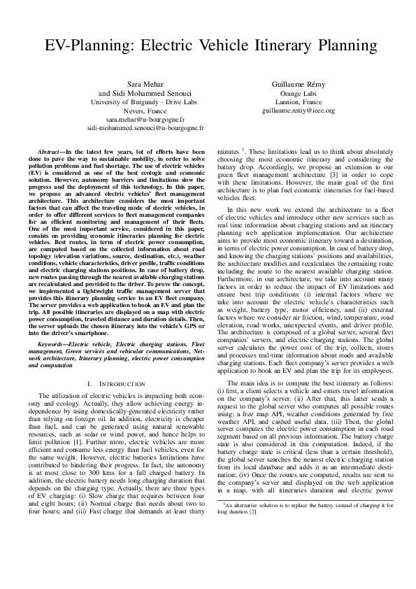 (PDF) EV-planning: Electric vehicle itinerary planning