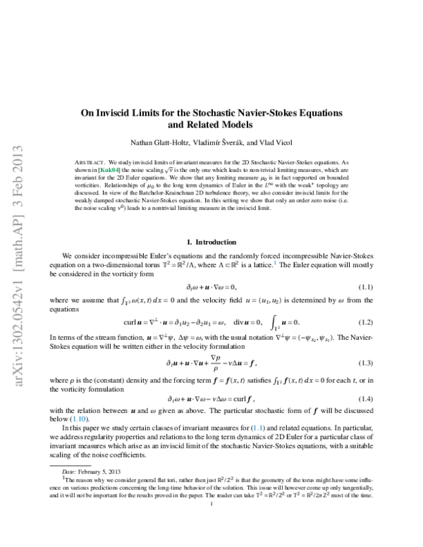 (PDF) On Inviscid Limits for the Stochastic Navier–Stokes Equations and ...