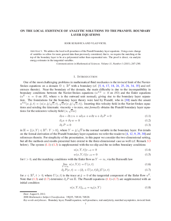 Pdf On The Local Existence Of Analytic Solutions To The Prandtl Boundary Layer Equations