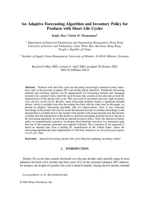 (PDF) An adaptive forecasting algorithm and inventory policy for products with short life cycles