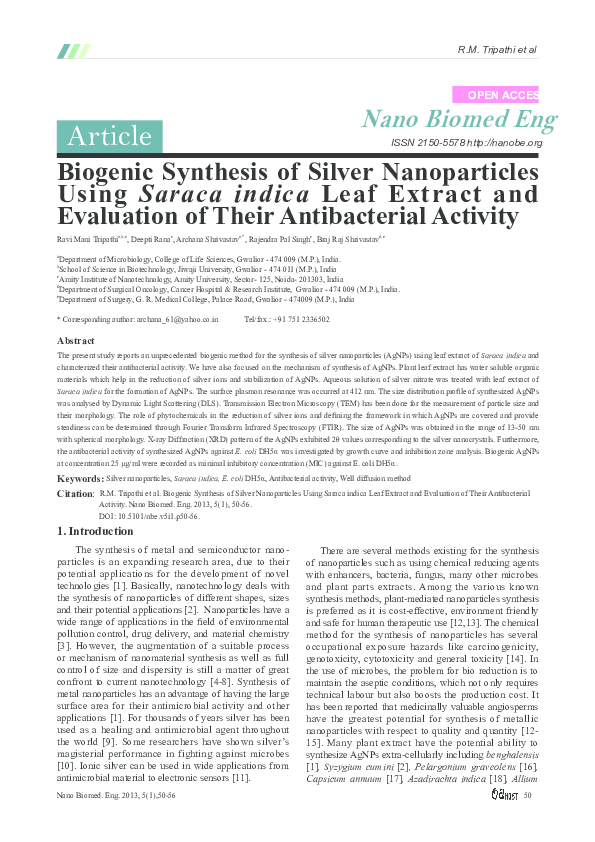 (PDF) Biogenic Synthesis of Silver Nanoparticles Using Saraca indica Leaf Extract and Evaluation ...