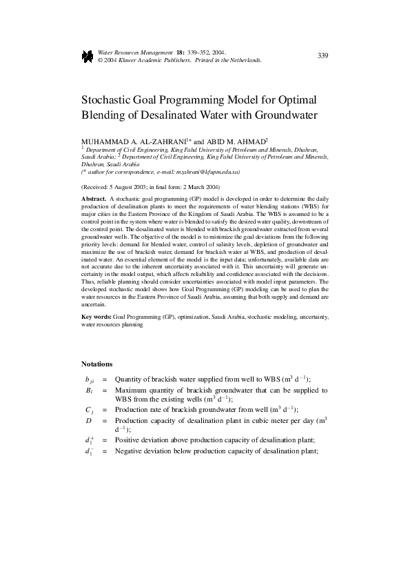(PDF) Stochastic Goal Programming Model for Optimal Blending of Desalinated Water with Groundwater