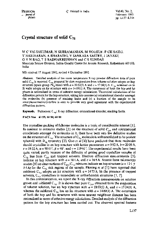(PDF) Crystal structure of solid C70