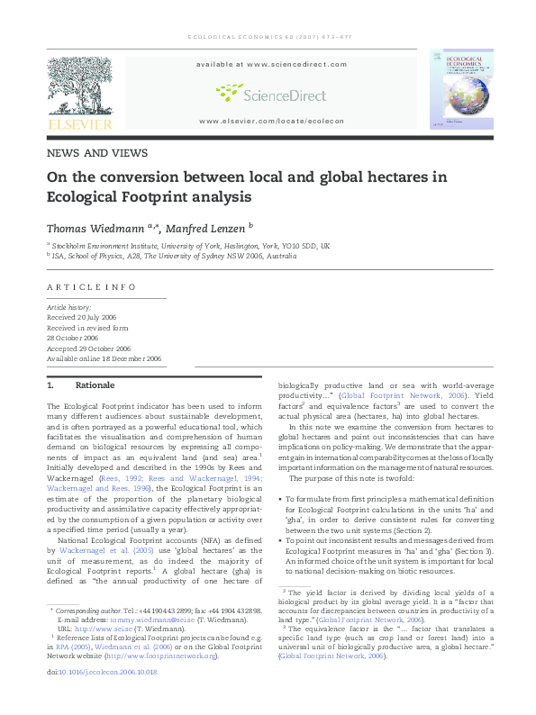 (PDF) On the conversion between local and global hectares in Ecological ...