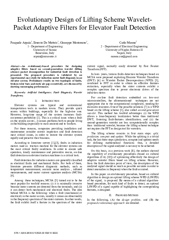 (PDF) Evolutionary design of lifting scheme wavelet-packet adaptive filters for elevator fault ...
