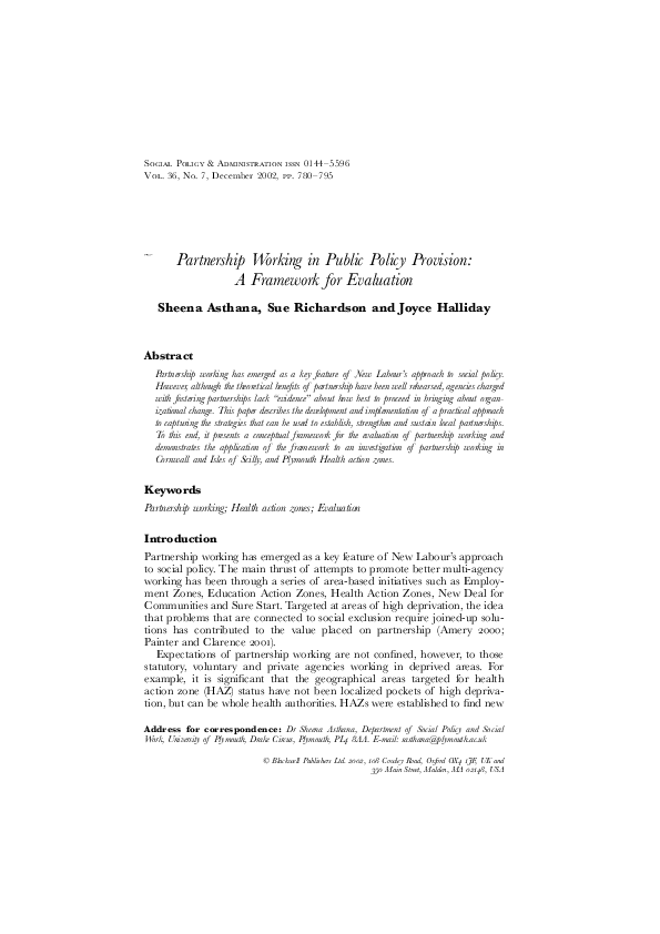 (PDF) Partnership Working in Public Policy Provision: A Framework for ...