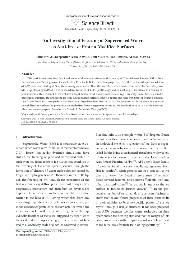 (PDF) An Investigation of Freezing of Supercooled Water on Anti-Freeze ...
