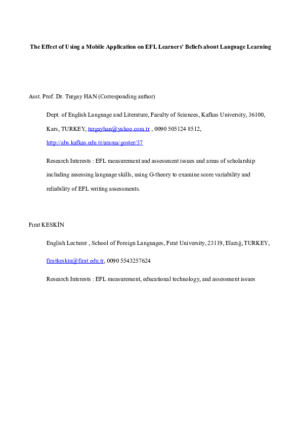 Doc The Effect Of Using A Mobile Application On Efl Learners Beliefs About Language Learning