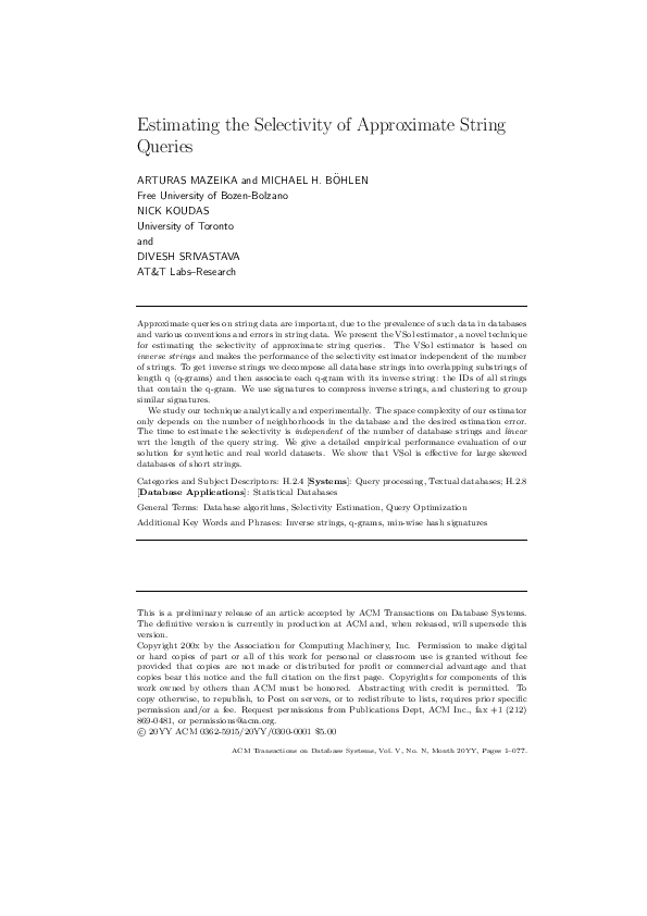 (PDF) Estimating the selectivity of approximate string queries