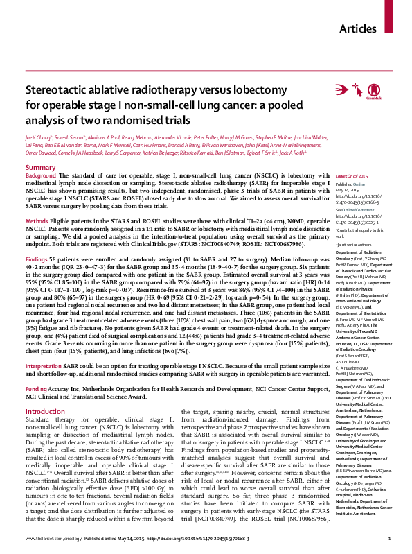 (PDF) Stereotactic ablative radiotherapy versus lobectomy for operable stage I non-small-cell ...