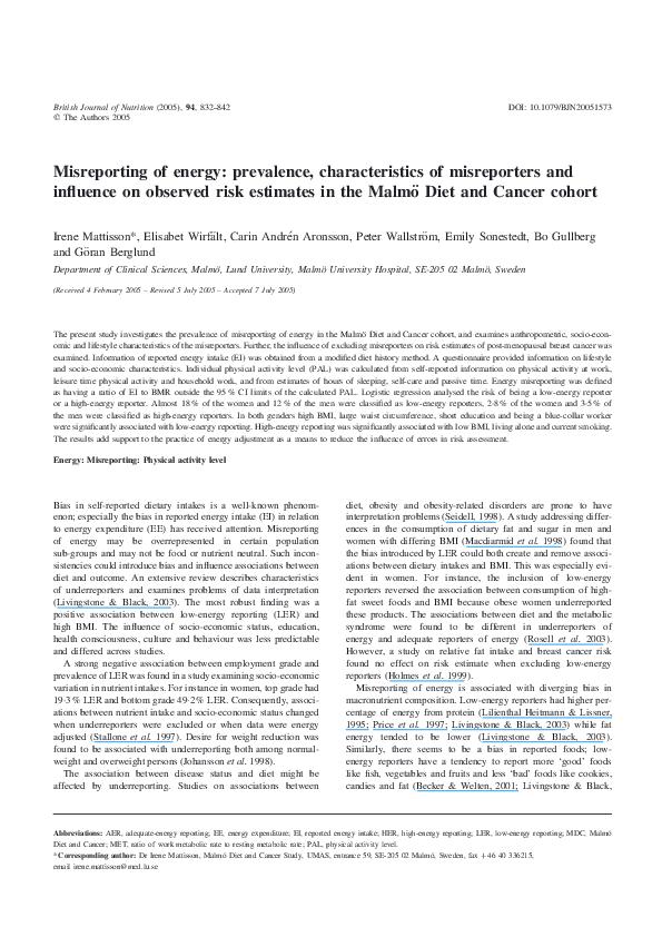 (PDF) Misreporting of energy: prevalence, characteristics of ...