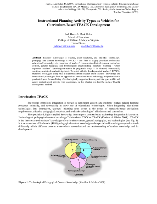 (PDF) Instructional planning activity types as vehicles for curriculum-based TPACK development