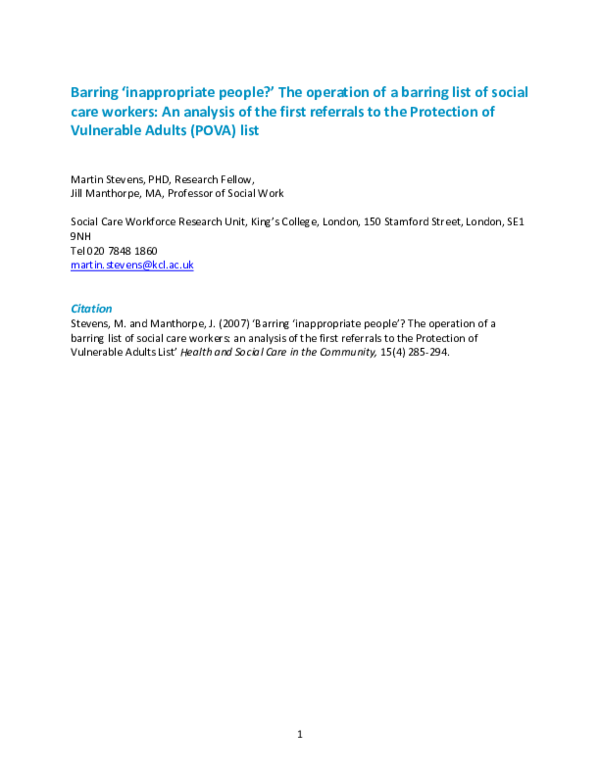 (PDF) Barring 'inappropriate people?' The operation of a barring list ...