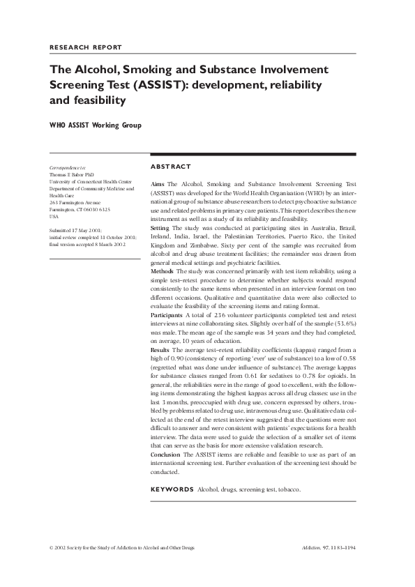 (PDF) The Alcohol, Smoking and Substance Involvement Screening Test ...
