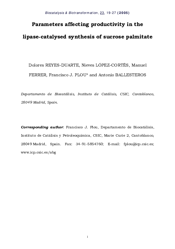 (PDF) Parameters affecting productivity in the lipase-catalysed ...