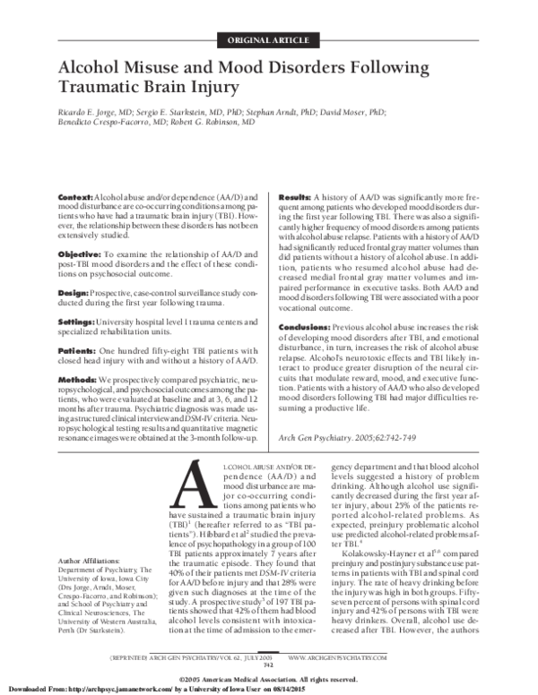 (PDF) Alcohol Misuse and Mood Disorders Following Traumatic Brain Injury