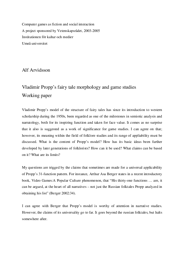 (PDF) Vladimir Propp's fairy tale morphology and game studies