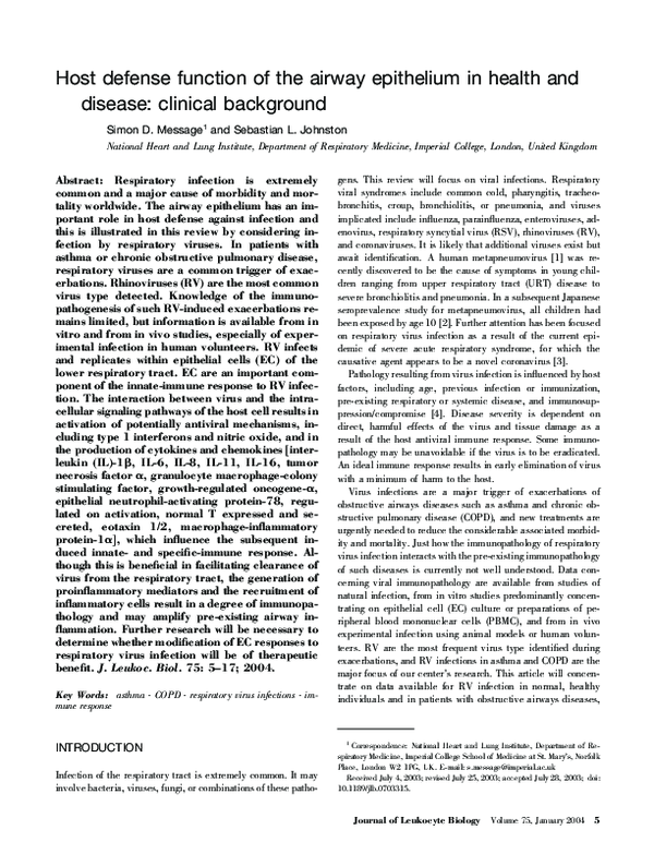 (PDF) Host defense function of the airway epithelium in health and ...
