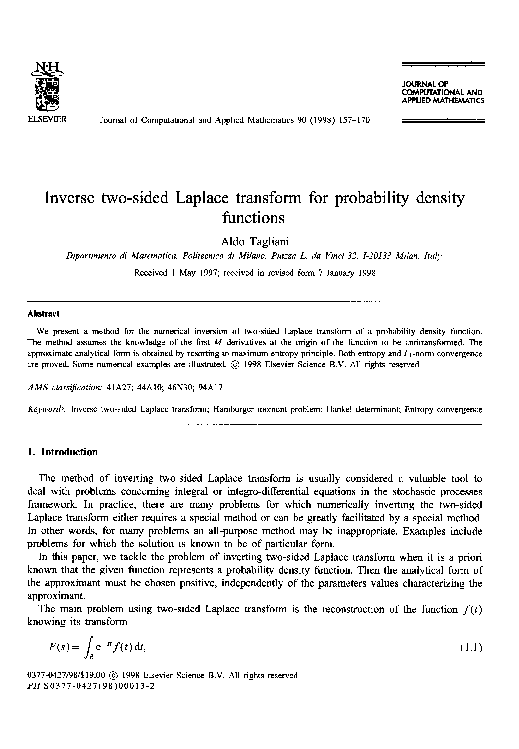 (PDF) Inverse two-sided Laplace transform for probability density functions
