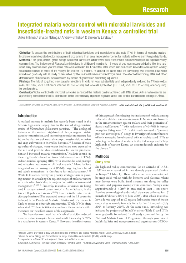 (PDF) Integrated malaria vector control with microbial larvicides and ...