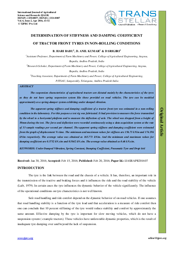 DETERMINATION OF STIFFNESS AND DAMPING COEFFICIENT OF TRACTOR FRONT ...