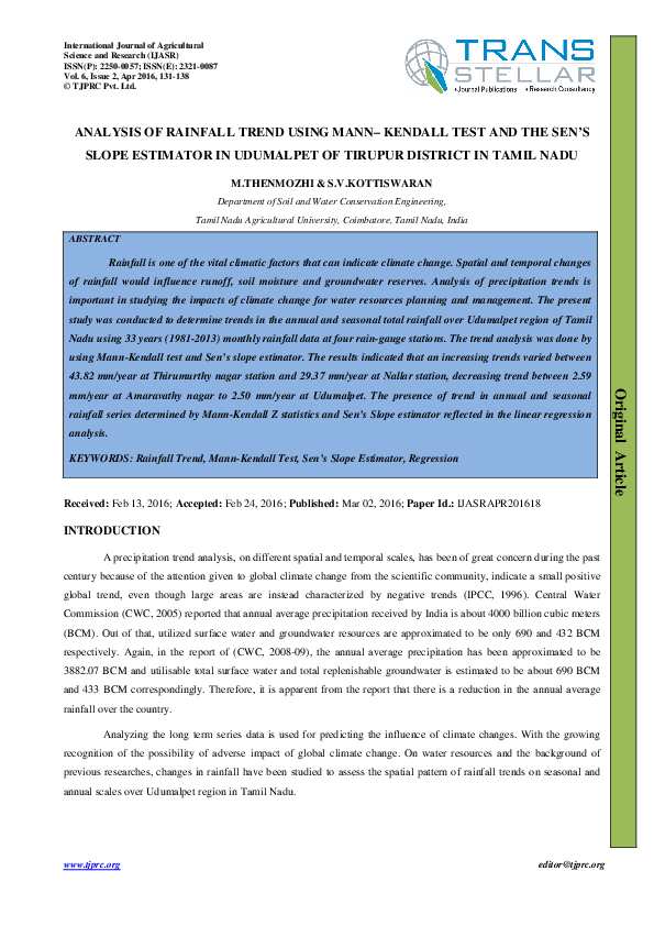 ANALYSIS OF RAINFALL TREND USING MANN– KENDALL TEST AND THE SEN'S SLOPE ...