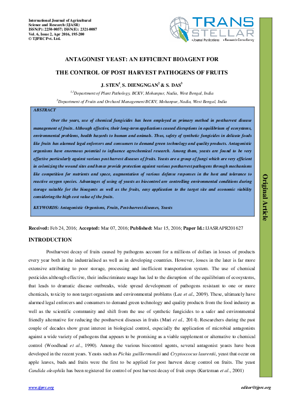 ANTAGONIST YEAST: AN EFFICIENT BIOAGENT FOR THE CONTROL OF POST HARVEST ...