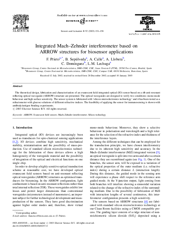 (PDF) Integrated Mach–Zehnder interferometer based on ARROW structures for biosensor applications