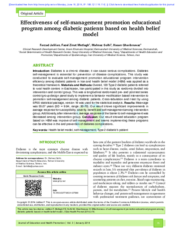 (PDF) Effectiveness of self-management promotion educational program among diabetic patients ...