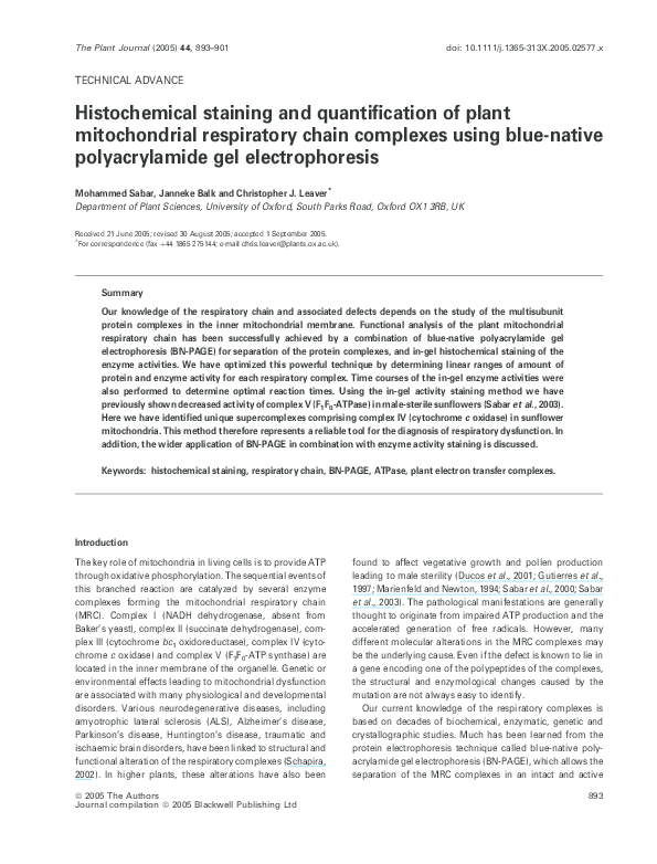 (PDF) Histochemical staining and quantification of plant mitochondrial respiratory chain ...
