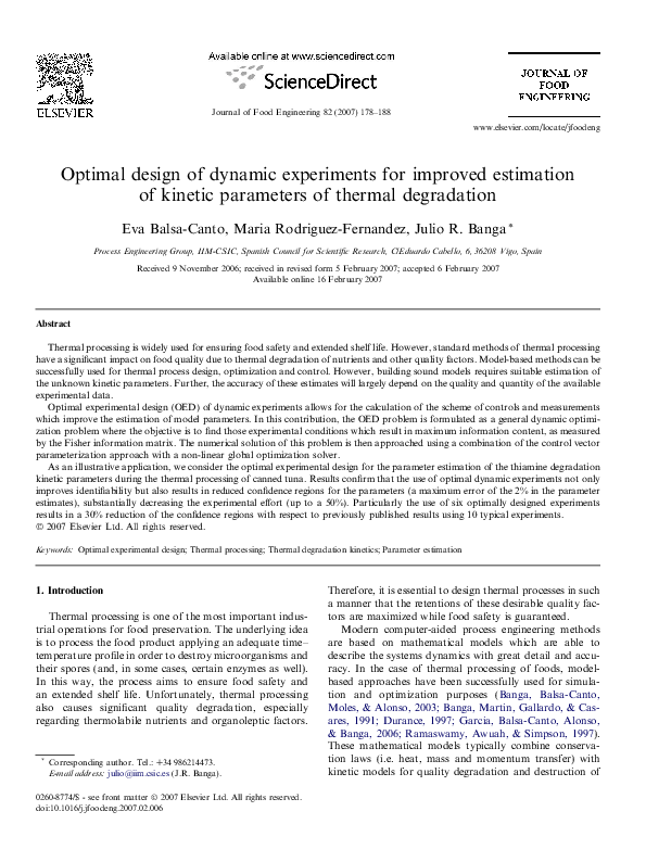 (PDF) Optimal design of dynamic experiments for improved estimation of kinetic parameters of ...