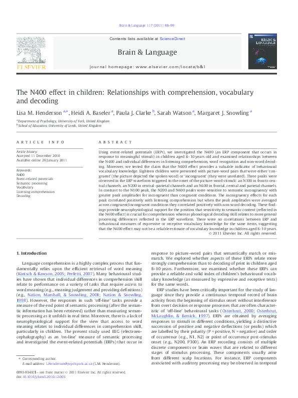 (PDF) The N400 effect in children: Relationships with comprehension ...