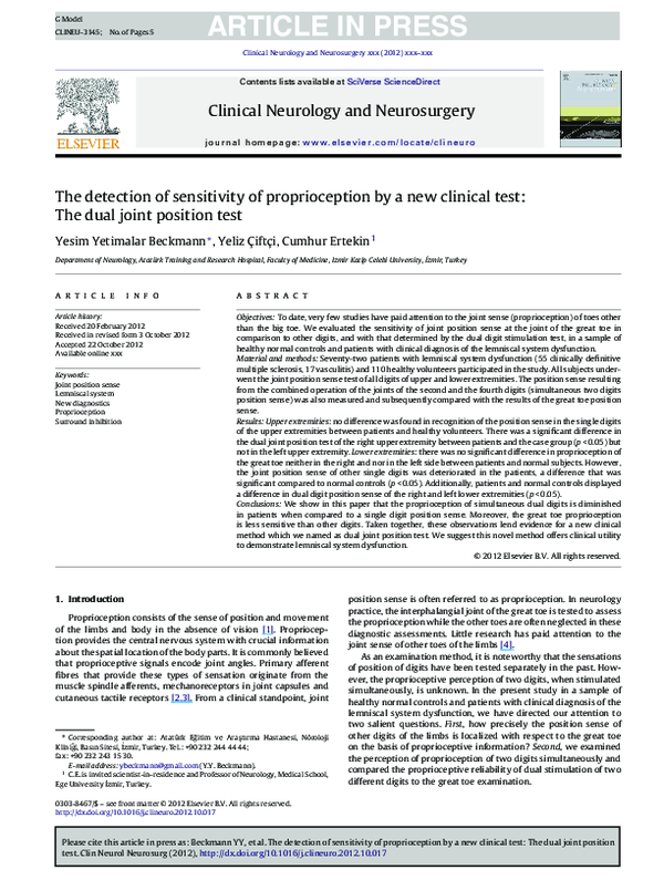 (PDF) The detection of sensitivity of proprioception by a new clinical ...