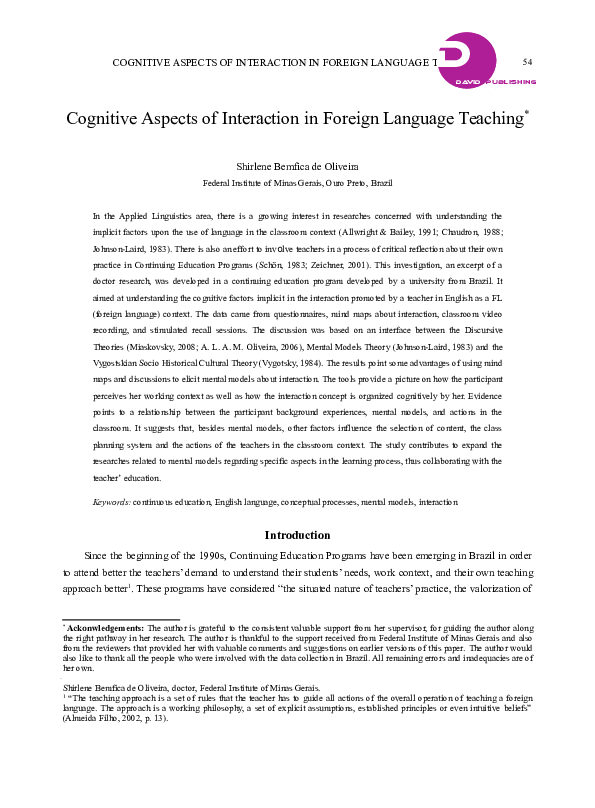 Doc Cognitive Aspects Of Interaction In Foreign Language Teaching