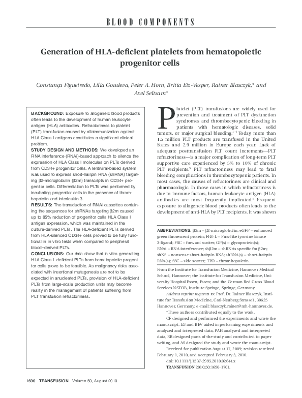 (PDF) Generation of HLA-deficient platelets from hematopoietic ...