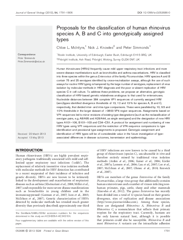(PDF) Proposals for the classification of human rhinovirus species A, B ...