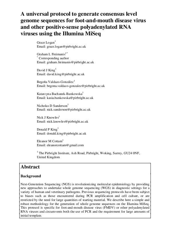 (PDF) A universal protocol to generate consensus level genome sequences for foot-and-mouth ...