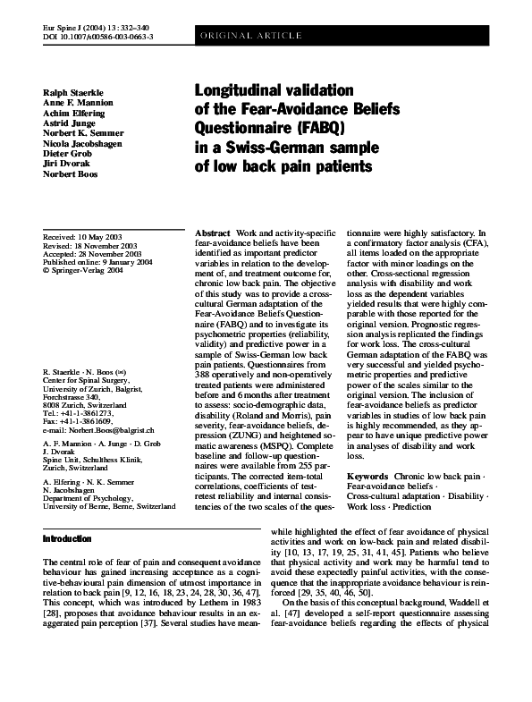 (PDF) Longitudinal validation of the Fear-Avoidance Beliefs ...
