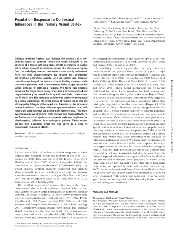 Pdf Population Response To Contextual Influences In The Primary Visual Cortex Elhanan