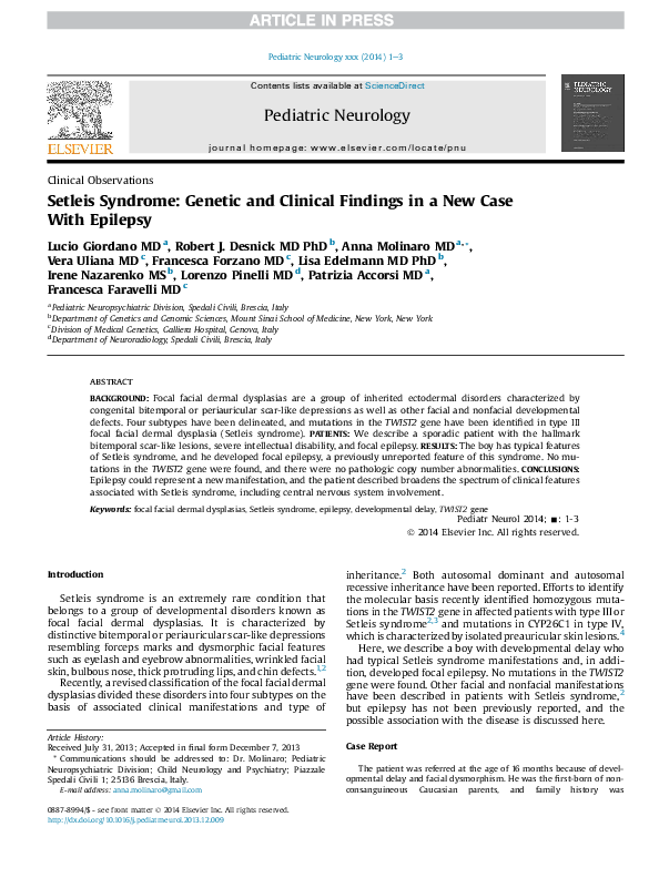 (PDF) Setleis Syndrome: Genetic and Clinical Findings in a New Case ...