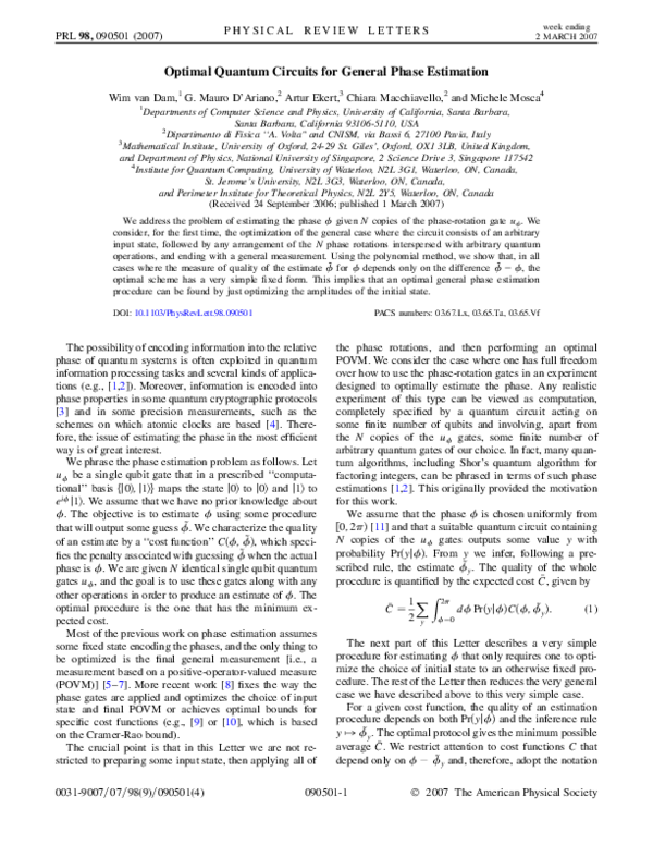 (PDF) Optimal Quantum Circuits for General Phase Estimation