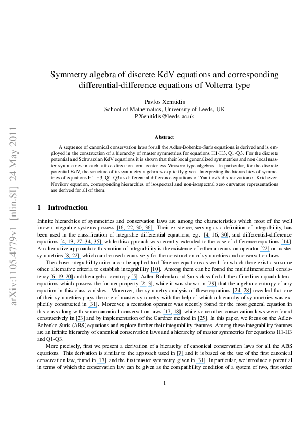 (PDF) Symmetry algebra of discrete KdV equations and corresponding differential-difference ...