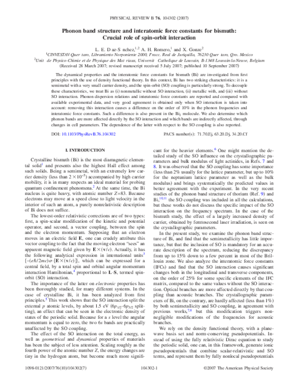 (PDF) Phonon band structure and interatomic force constants for bismuth: Crucial role of spin ...