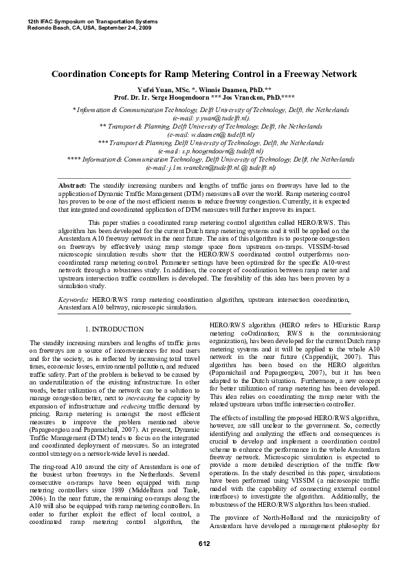 Pdf Coordination Concepts For Ramp Metering Control In A Freeway Network