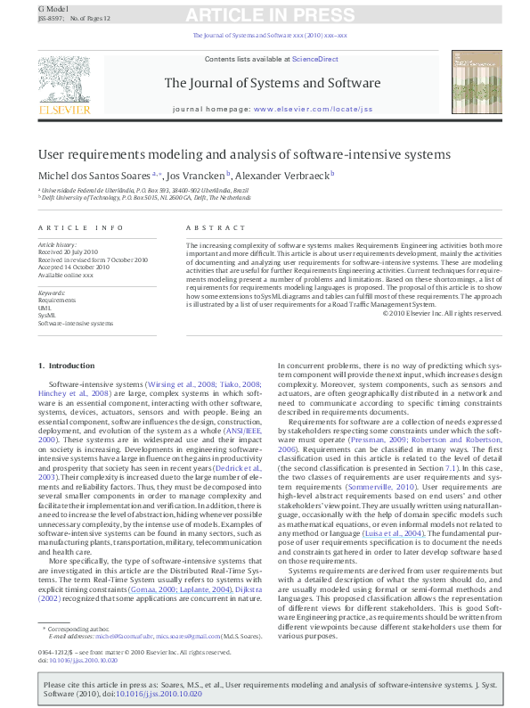 (PDF) User requirements modeling and analysis of software-intensive systems
