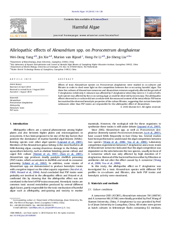 (PDF) Allelopathic effects of Alexandrium spp. on Prorocentrum donghaiense