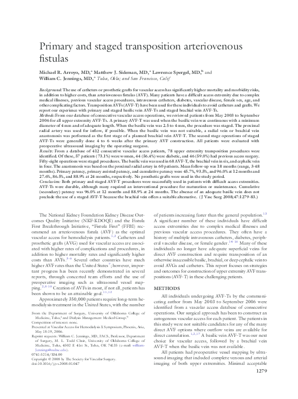 (PDF) Primary and staged transposition arteriovenous fistulas