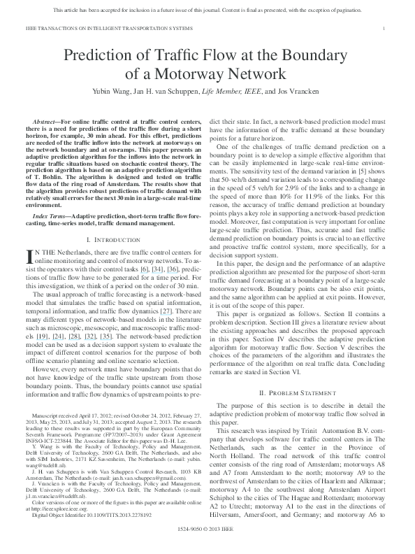 (PDF) Prediction of traffic flow at the boundary of a motorway network